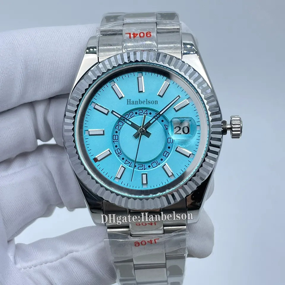 Dual Time Zone Watches Mens Glows Dark Light Blue Dial Automatic ...
