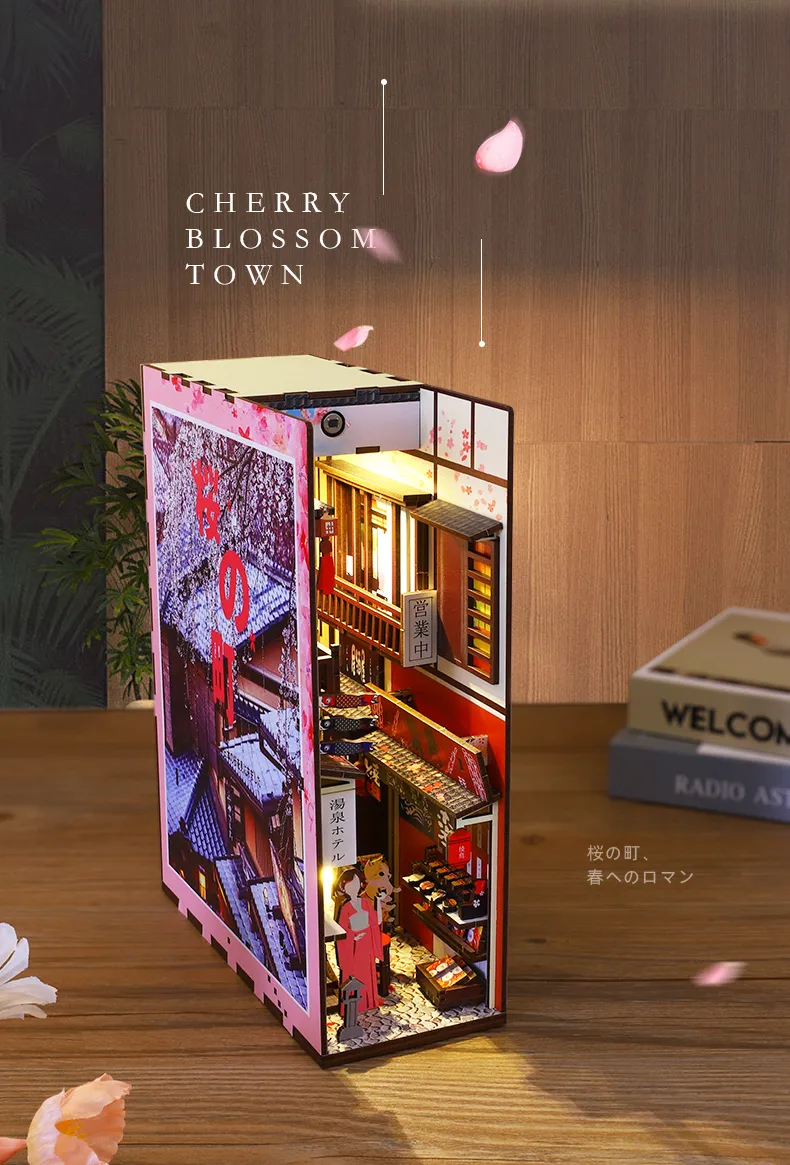 Handmade Sakura Town Wooden Book Nook Shelf Insert - DIY Miniature decorative bookends for Doll ...