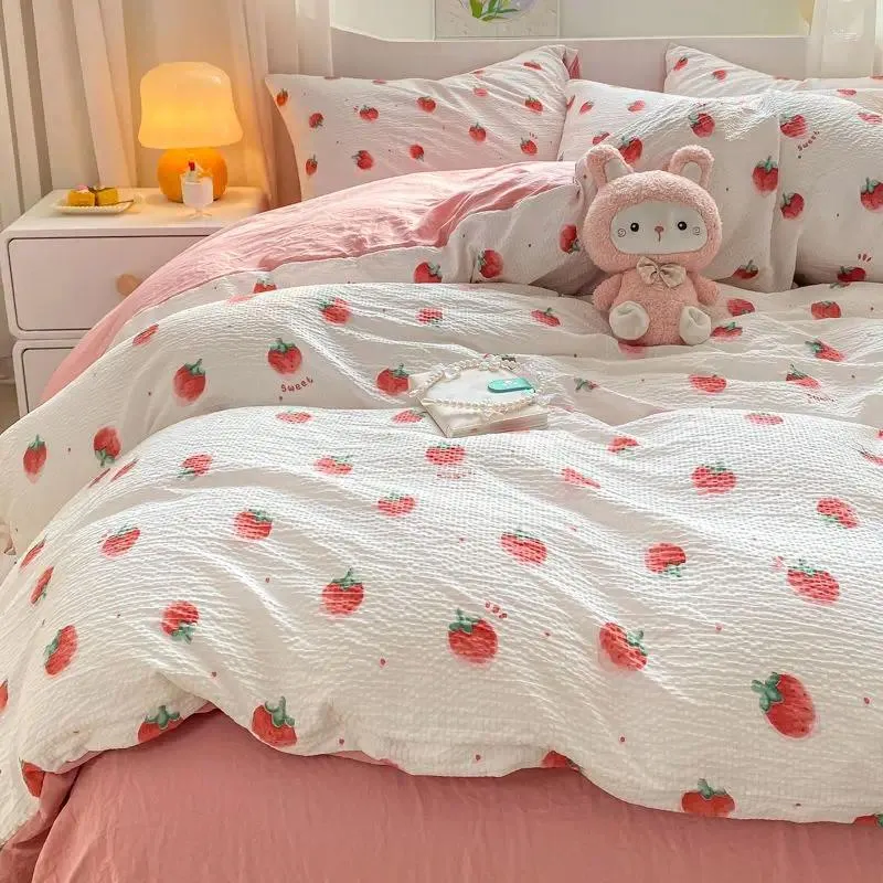 Soft Pink Strawberry 3 4pc Bedding Set Washed Cotton Duvet Cover Sheet for Kids Childrens Rooms