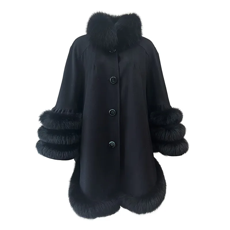 New 2023 Design Real Cashmere Wool female poncho with Fox Fur Collar ...