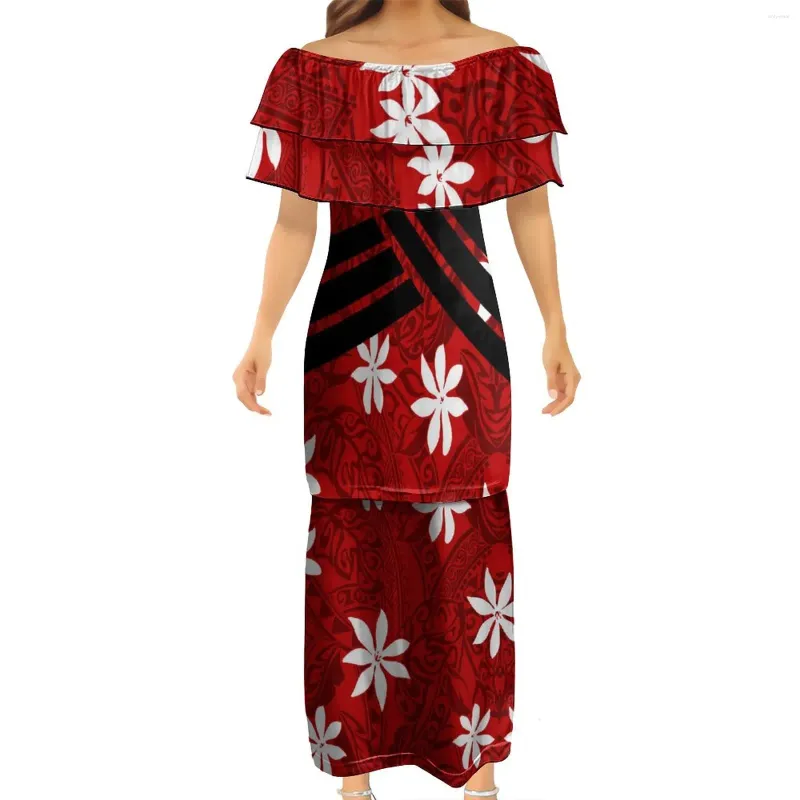 Red Off-Shoulder Puletasi Top Skirt Set: Polynesian Tribal Two-Piece ...