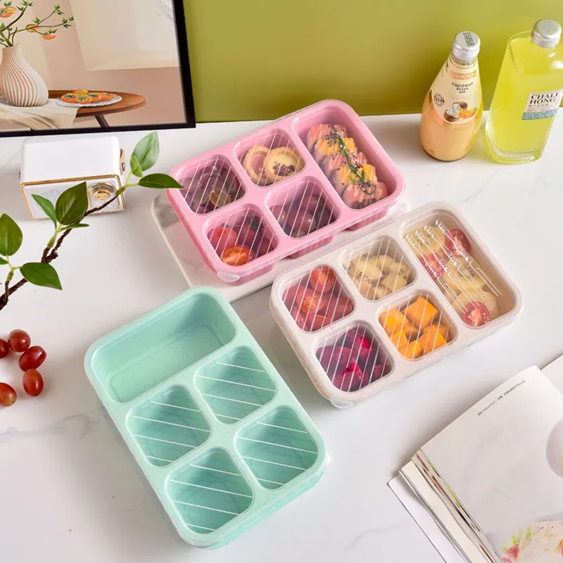 Wheat Straw 5-Compartment Heat-Resistant Leak-Proof Plastic Bento Lunch ...