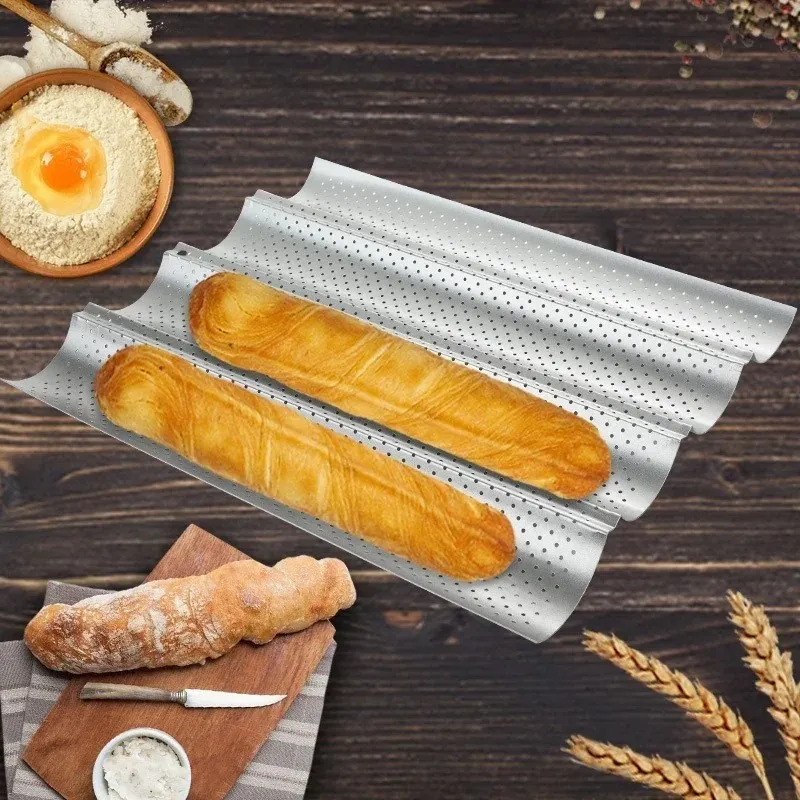 French Bread Baking Pan Ceramic Nonstick Perforated 4 Wave Loaf Mold ...
