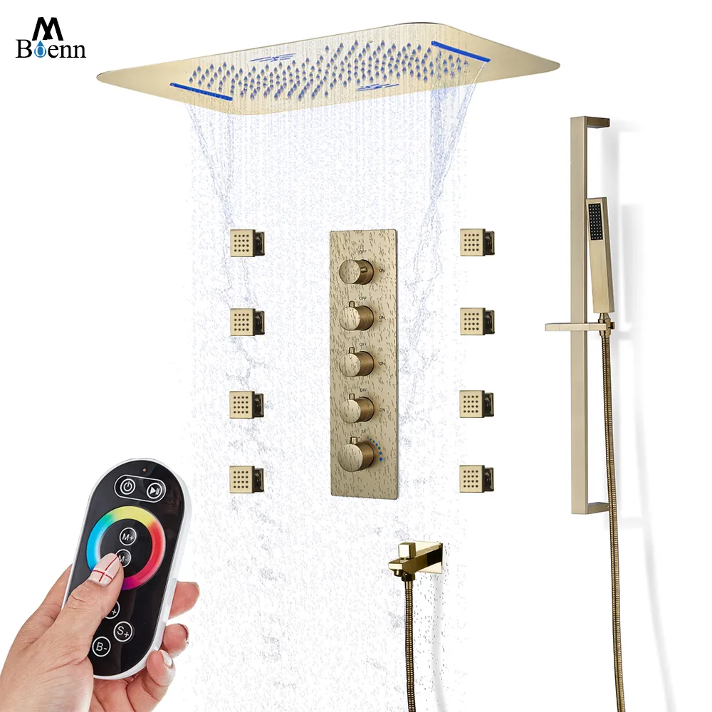 Brushed Gold Ceiling Shower System With LED Music & Smart Thermostat ...