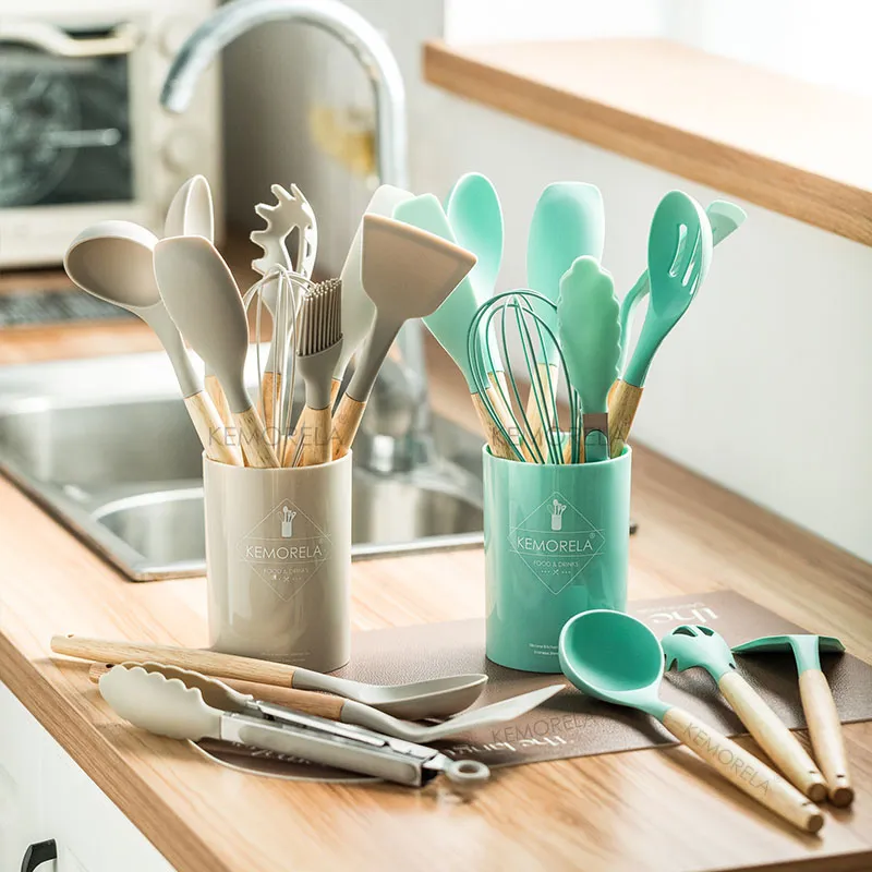 Silicone Kitchen Utensil Set: Non-Stick Cooking Tools with Measuring ...
