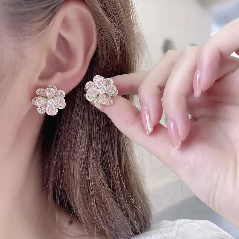 Elegant Gold-Plated Flower Earrings with Colored Zircon, Simple and ...