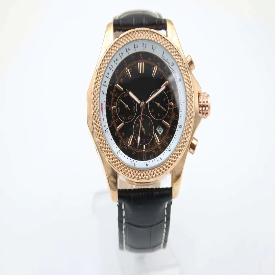 Good Man Automatic Watch Leather Black Dial 46mm Gold Case 1884 Three ...