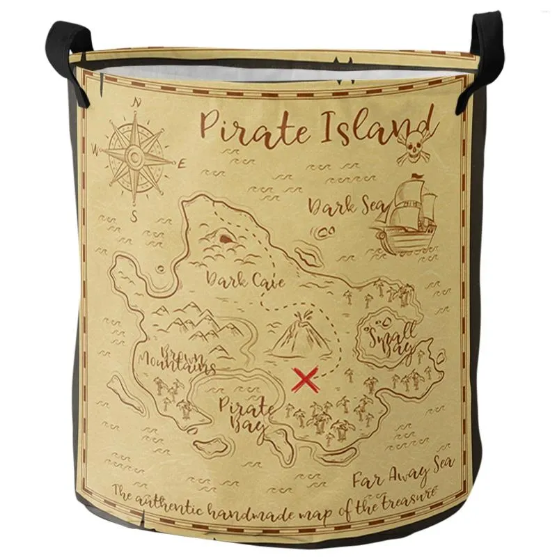 Laundry Bags Pirate Treasure Map Dirty Basket Foldable Round Waterproof ...