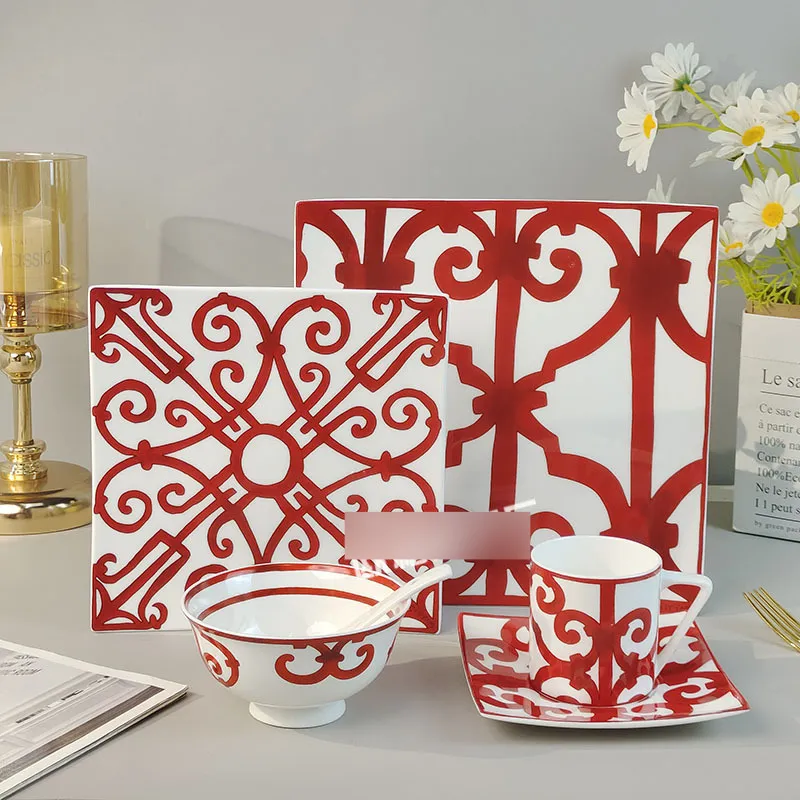 DHgate.com:2024 Minimalist Red Square Ceramic Dinnerware Set: Plates ...