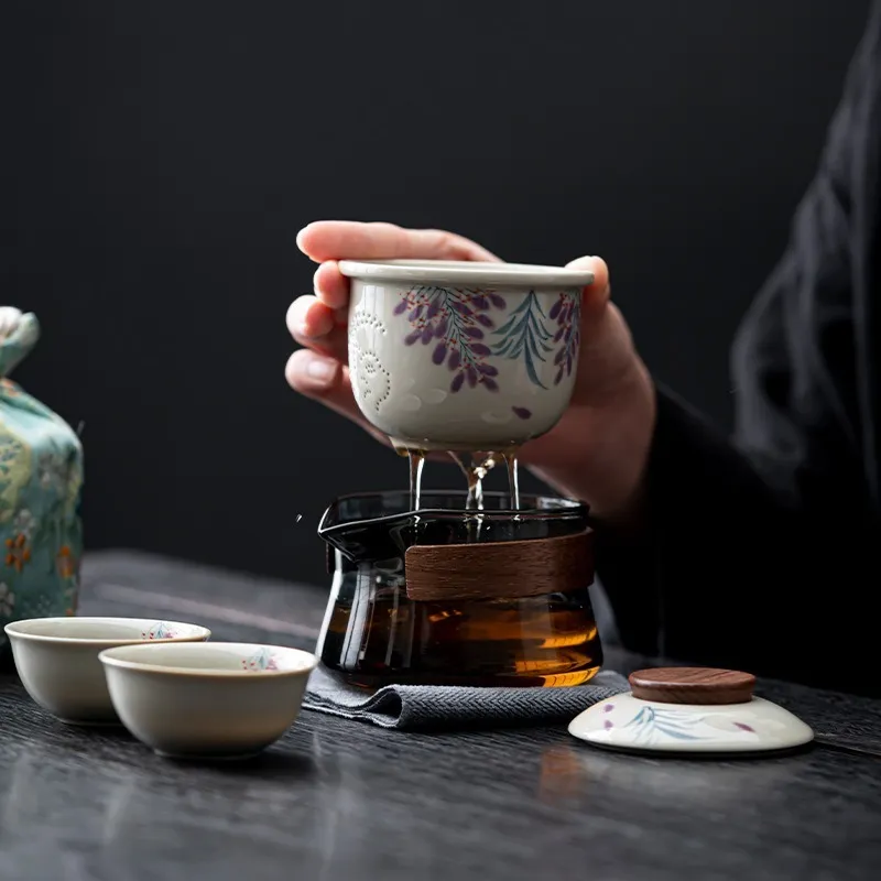 DHgate.com:Ceramic Wisteria Tea Set with Travel Bag: 1 Pot, 3 Cups ...