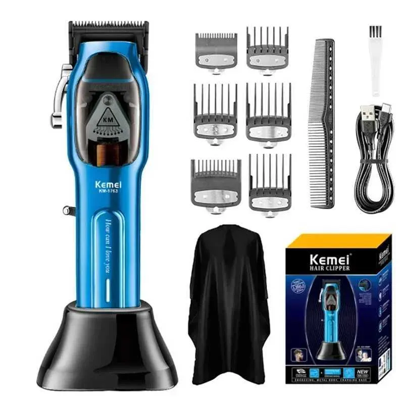 Kemei KM-1763 Professional Cordless Hair Clipper with Automatic Cleaning, Rechargeable Electric ...