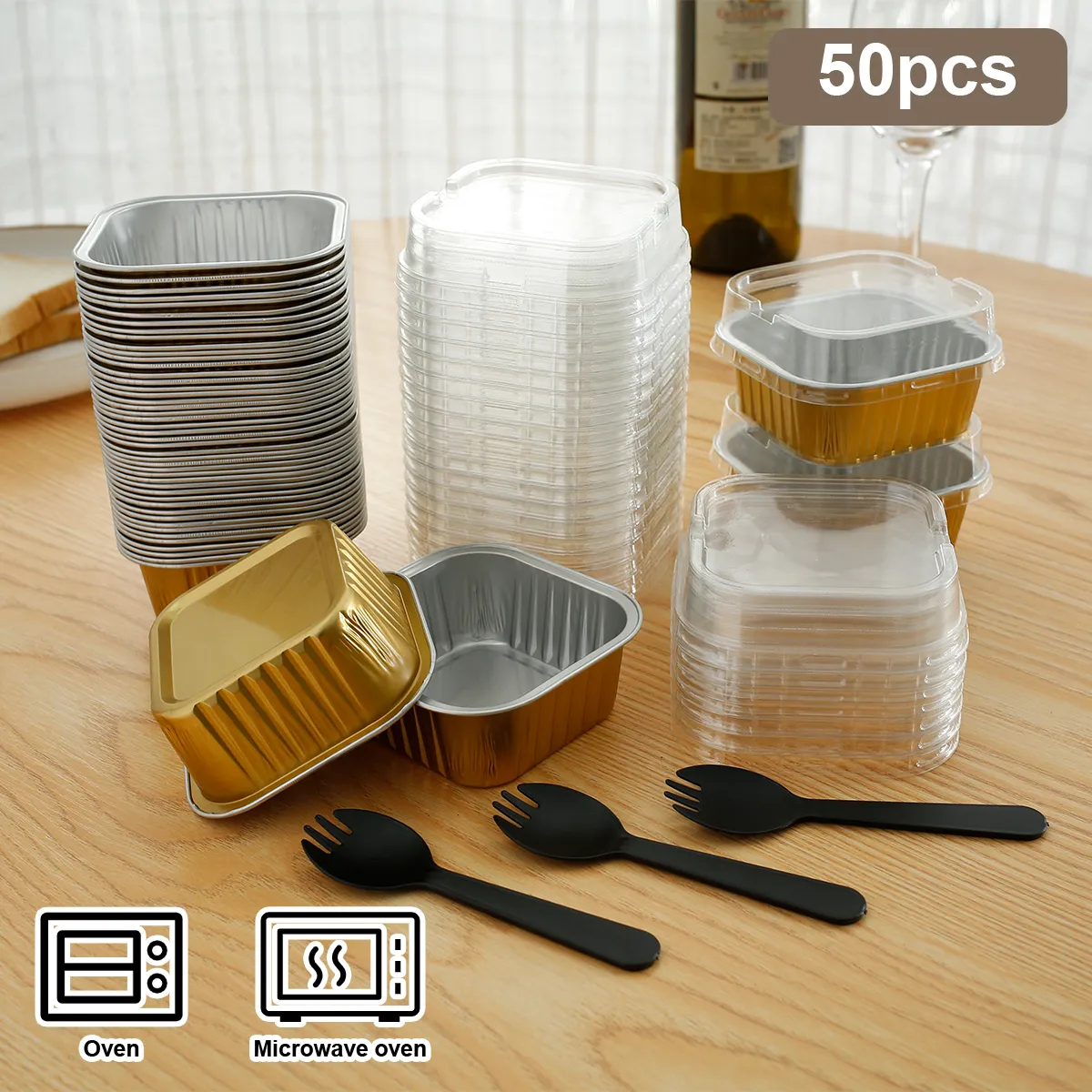 50/Aluminum Foil Baking Cups with Lids and Spoons 150ml 5 fl oz Square ...