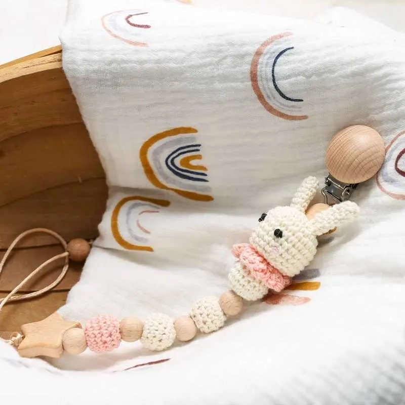 Bunny Teething Chain Clips: Wooden Crochet Rabbit Soother Holders for ...