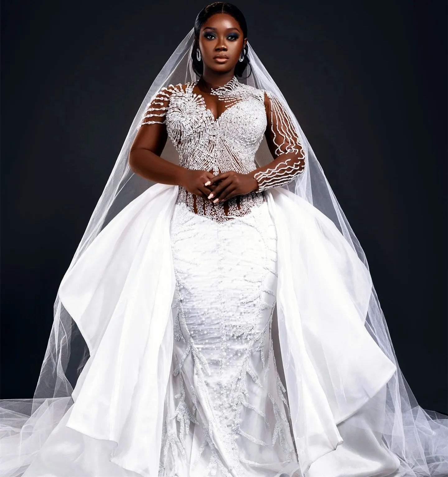Arabic Aso Ebi Plus Size White Mermaid Wedding Dress Beaded Crystals ...