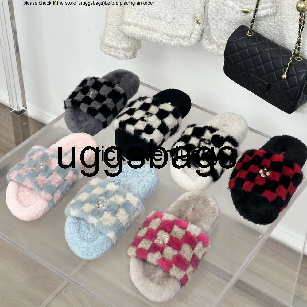 Chanells Womens Classic Pearl Clover Checker Fluffy Shearling Slippers ...