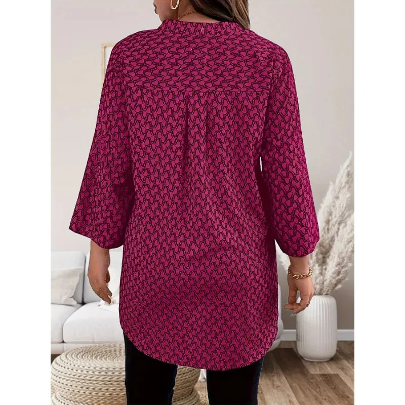 Women's Plus Size Printed V-Neck Three Quarter Sleeve Casual Top from ...