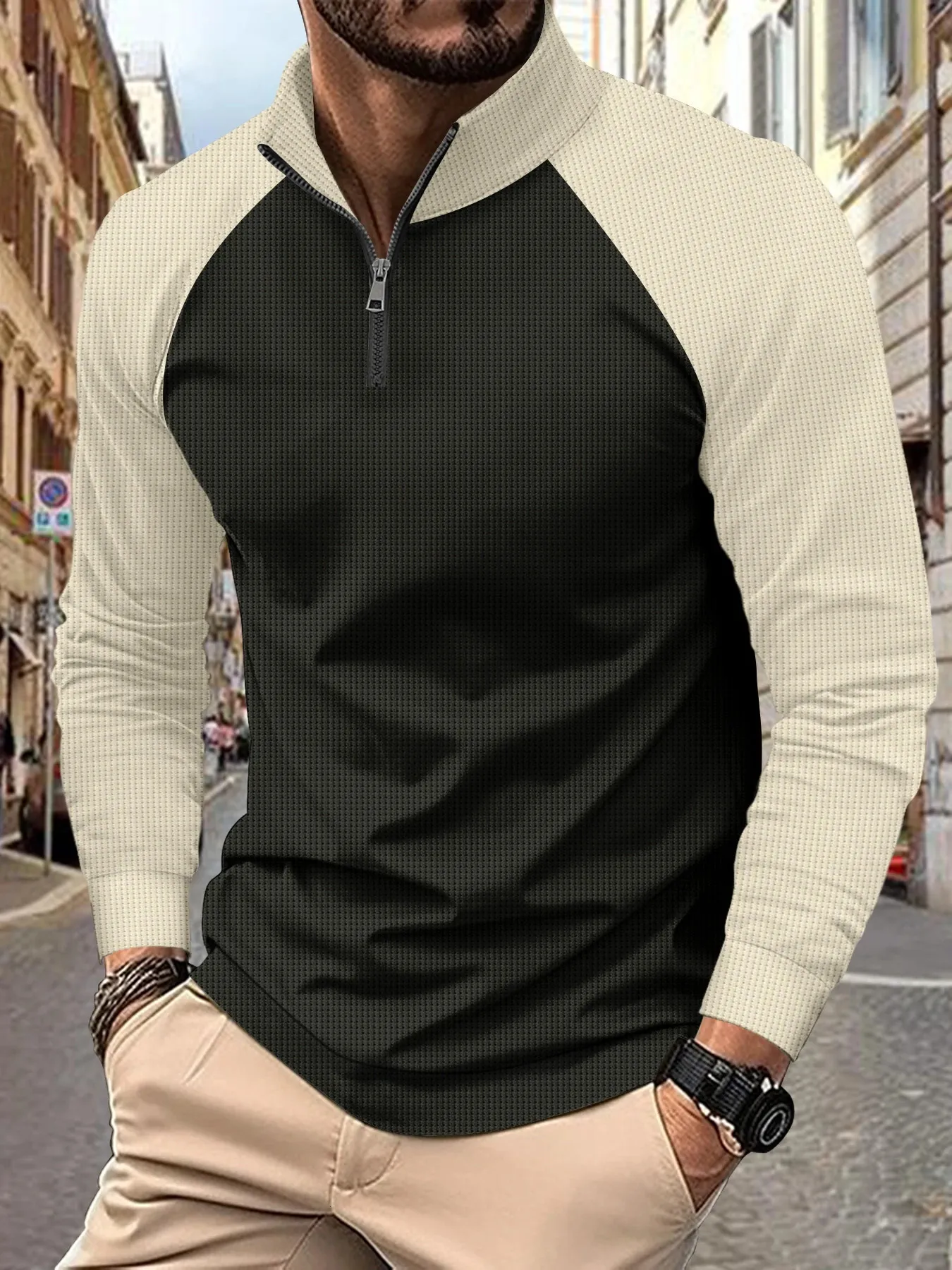 Casual Long Sleeve Shirt for Men - Stand Up Collar, Zipper Design ...