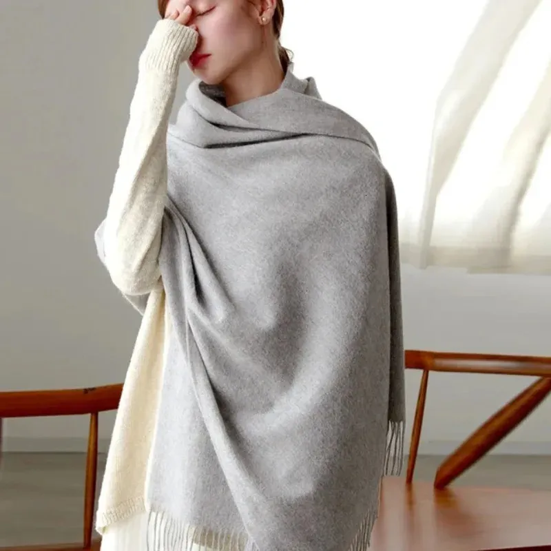 Thick Warm Gray Winter Shawl for Women - Large Knit Scarf with Tassels ...