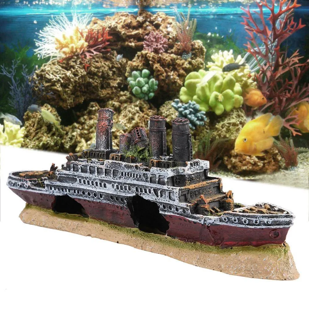 Aquarium Decor: Sunken Ship Resin Ornament, Fish Tank Accessories, Cave ...