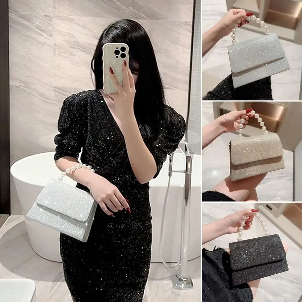 Elegant Pearl Chain Shoulder Bag - Gold & Silver Silk Evening Clutch ...