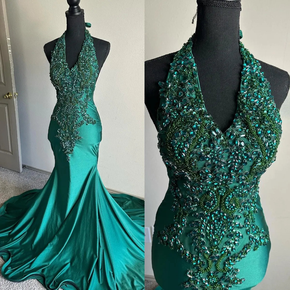 Emerald Green Mermaid Green Mermaid Prom Dress With Halter Neckline And Beaded Detailing For ...