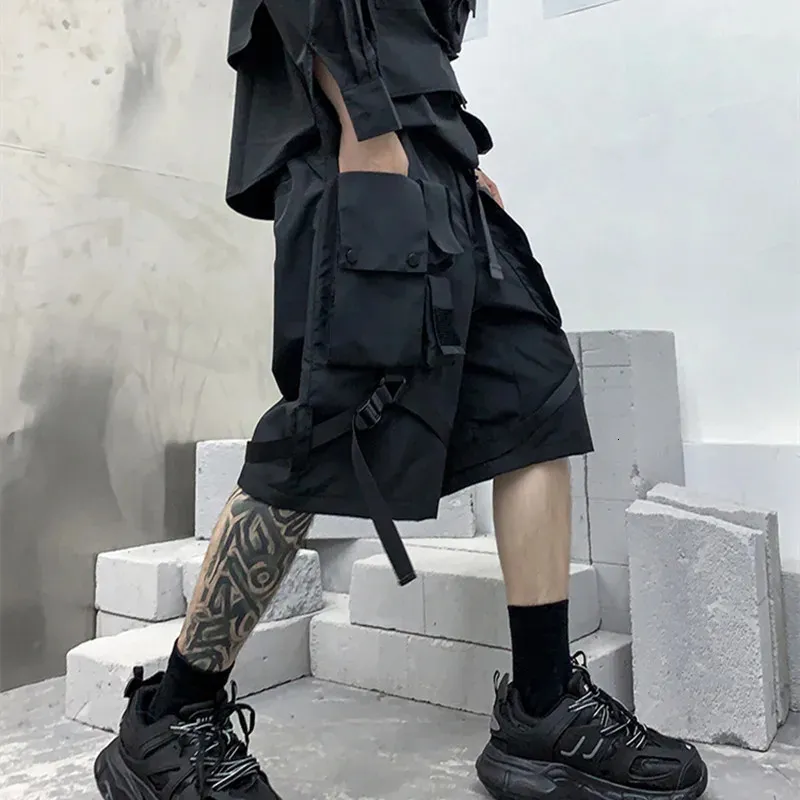 Mens Denim Shorts, Multi Pocket Techwear Shorts With Ribbons Harajuku ...