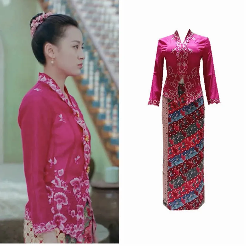 Asian Dress Style Red Embroidered Lace Blouse & Skirt Set Nyonya Inspired V Neck Slim Fit Retro ...