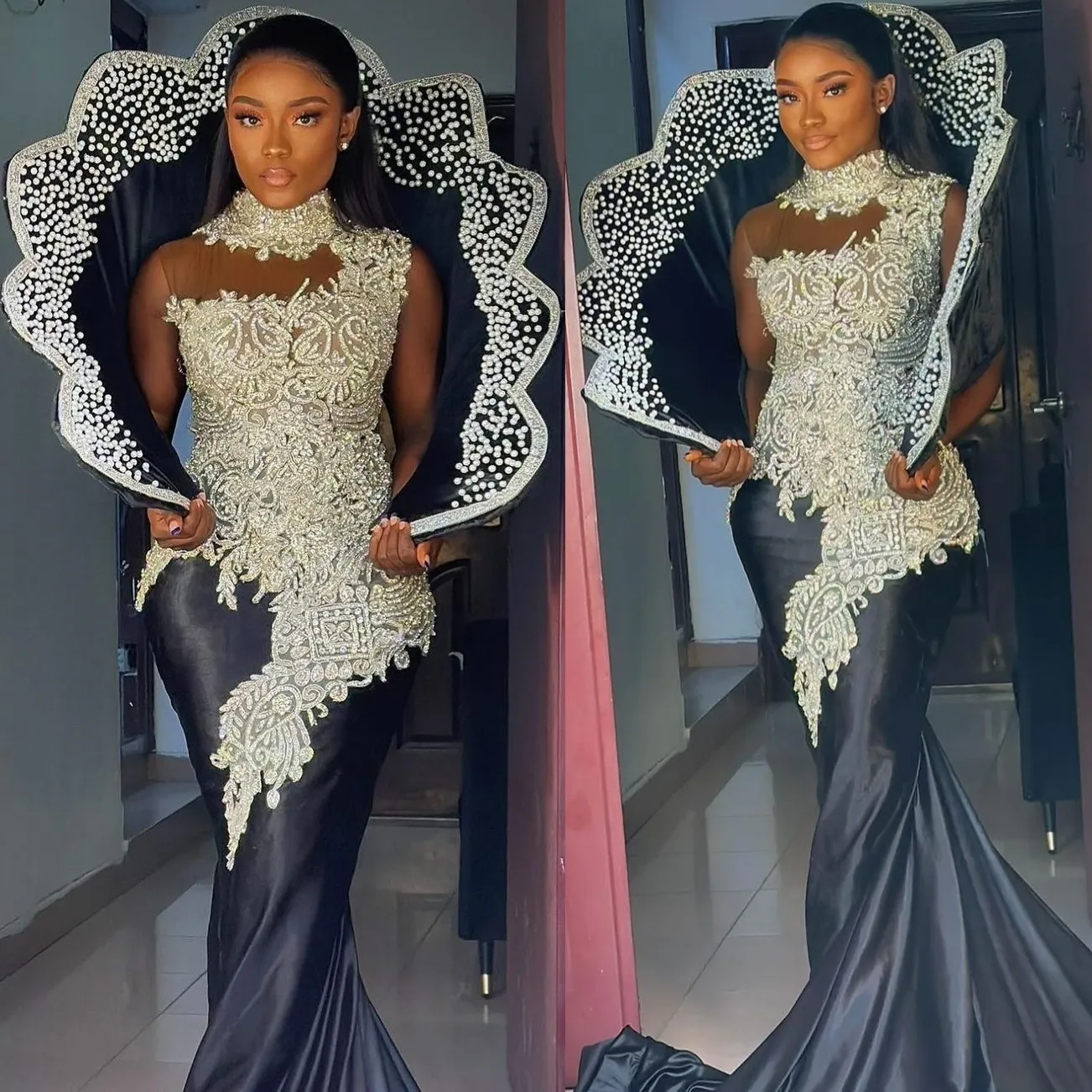 Stylish Black Mermaid Turtleneck Prom Dress With Pearls And Beaded Lace ...