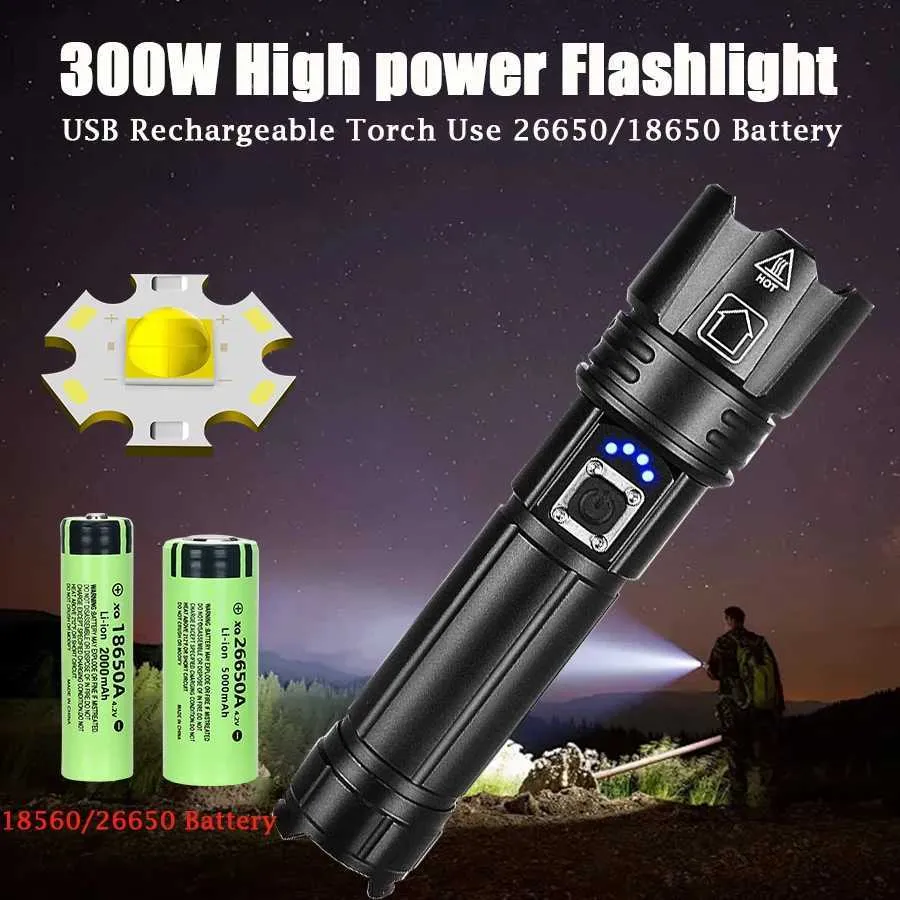 300W USB Rechargeable LED Mobile Power Flashlight With Long Range Power ...