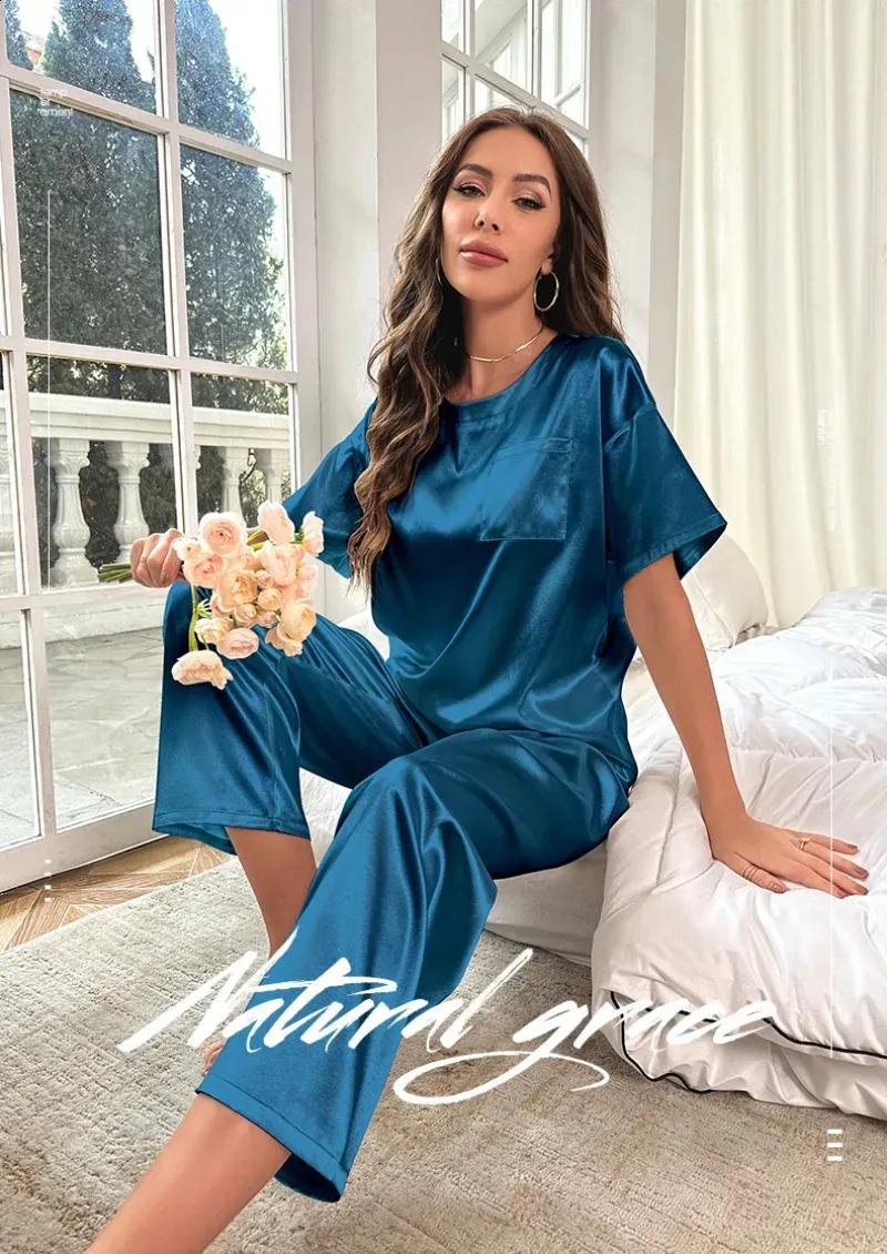 Women's Satin Pajama Set - Short Sleeve Top, Long Pants, Casual ...