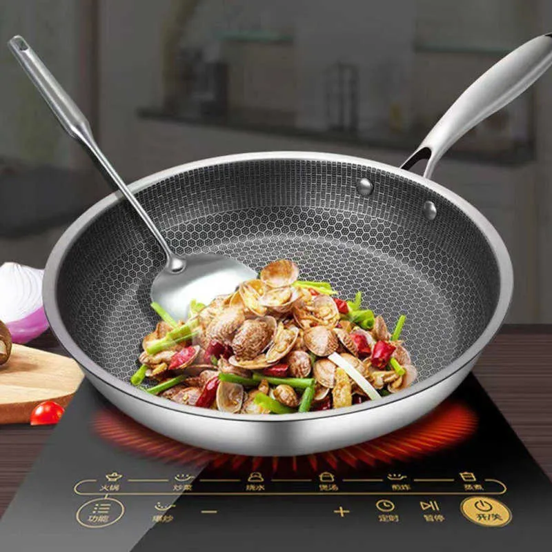 Honeycomb Stainless Steel Frying Pan with Lid - Deep, Thick Grain, Long ...