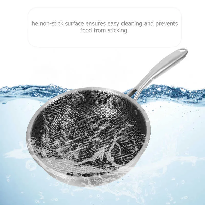 Honeycomb Stainless Steel Frying Pan with Lid - Deep, Thick Grain, Long ...