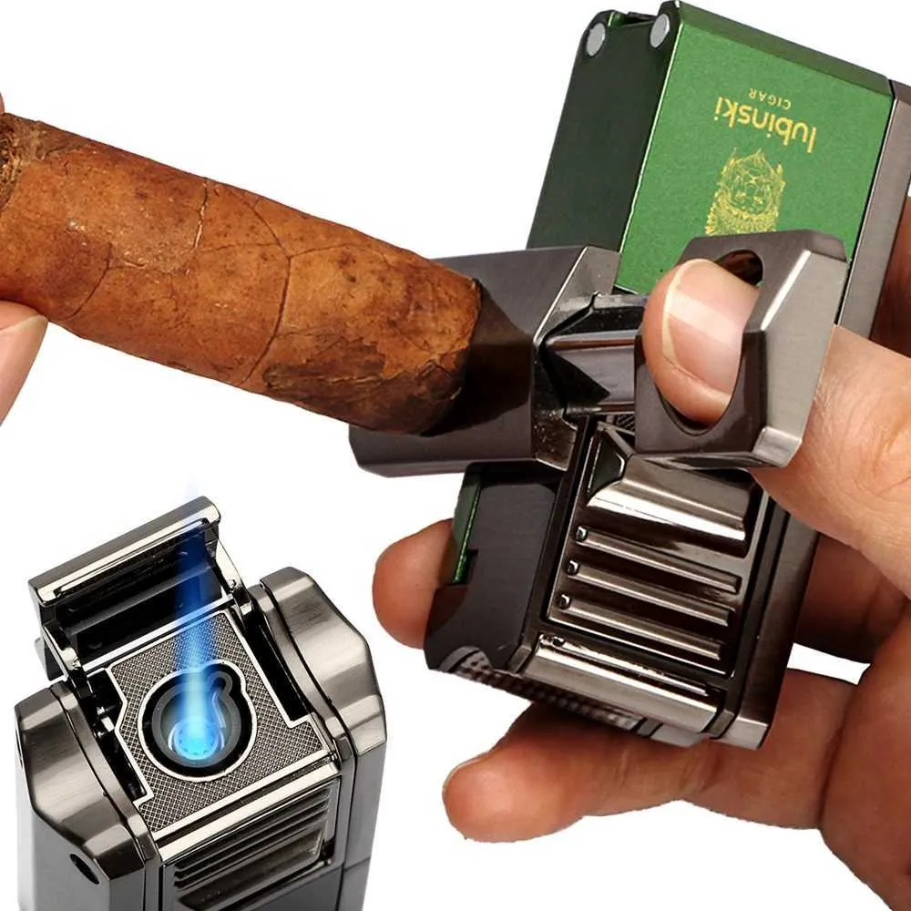 LUBINSKI Metal Cigar Lighter With V Cutter Cigar Punch Portable Gas 1 ...