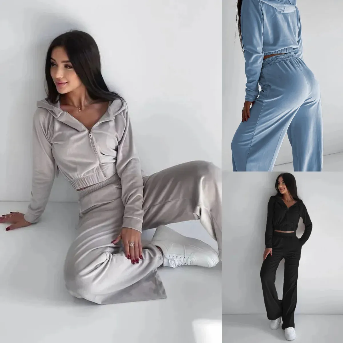 Chic Spring/Autumn Women's Jacket and Pants Set - Elastic Waist, Wide ...