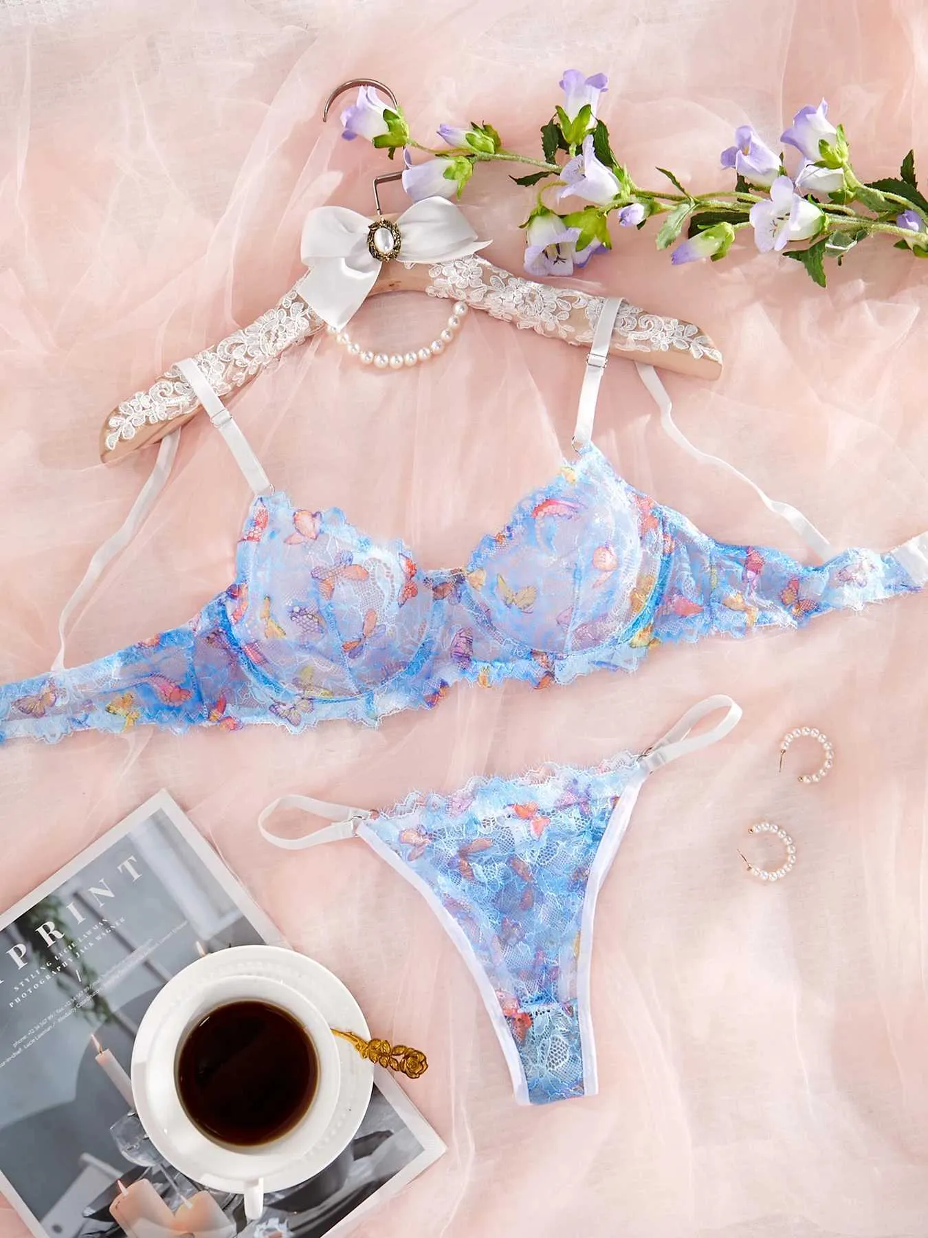 Womens Transparent Blue Butterfly Lace Sexy Lingerie Set Gathered Push ...