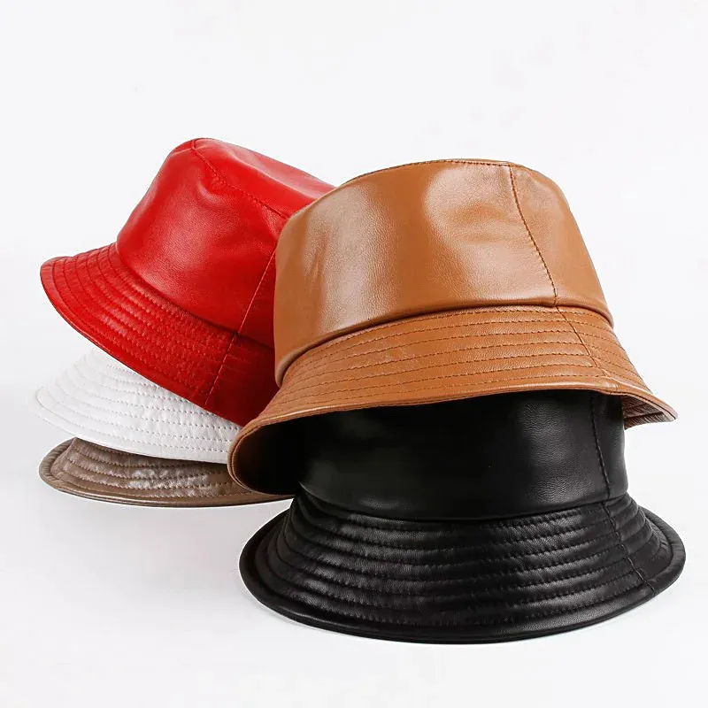 Unisex Leather Bucket Hat - White/Khaki - Fisherman Style for Men ...