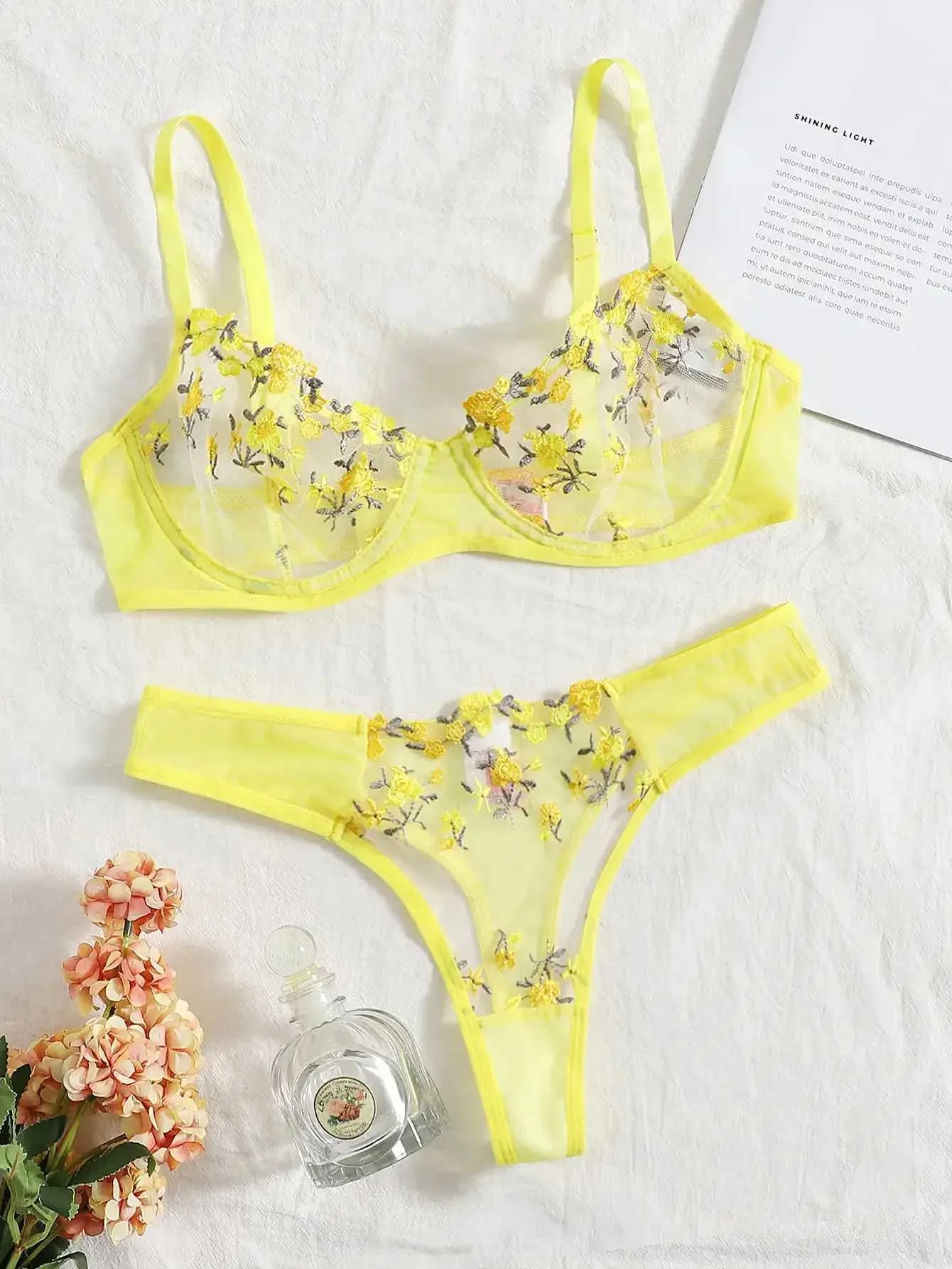 XJ241205 Sexy Lace Bra And Panties Set Yellow Embroidered Transparent ...
