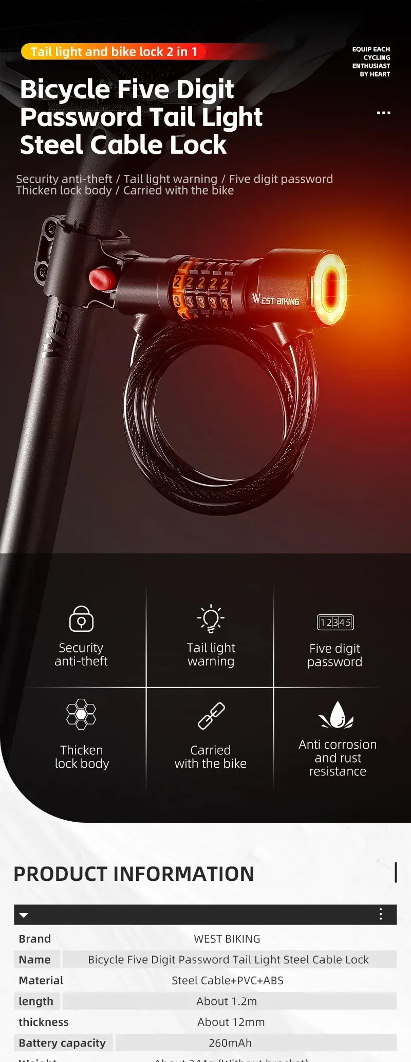 Compact Bike Lock with Rechargeable Tail Light - Secure 4-Digit ...