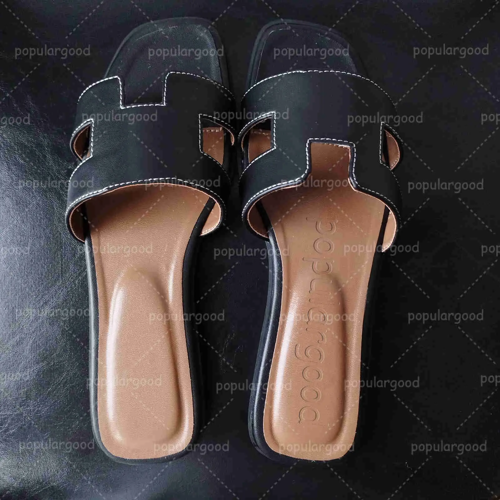 Luxury Flat Slides Womens Calfskin Leather Sandals ... From Populargood ...