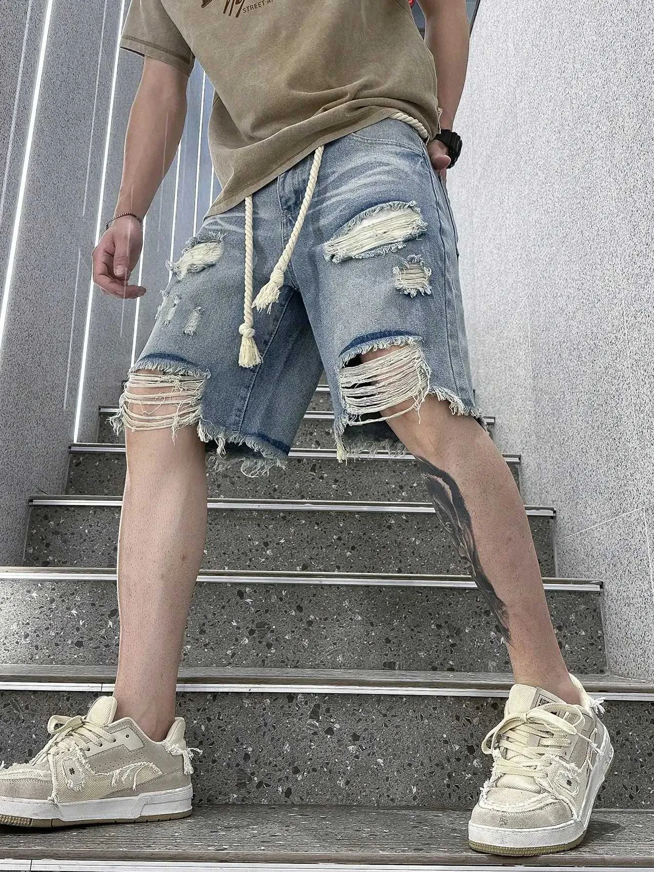 Men's High Stretch Ripped Denim Shorts - Summer Street Style, Dye ...