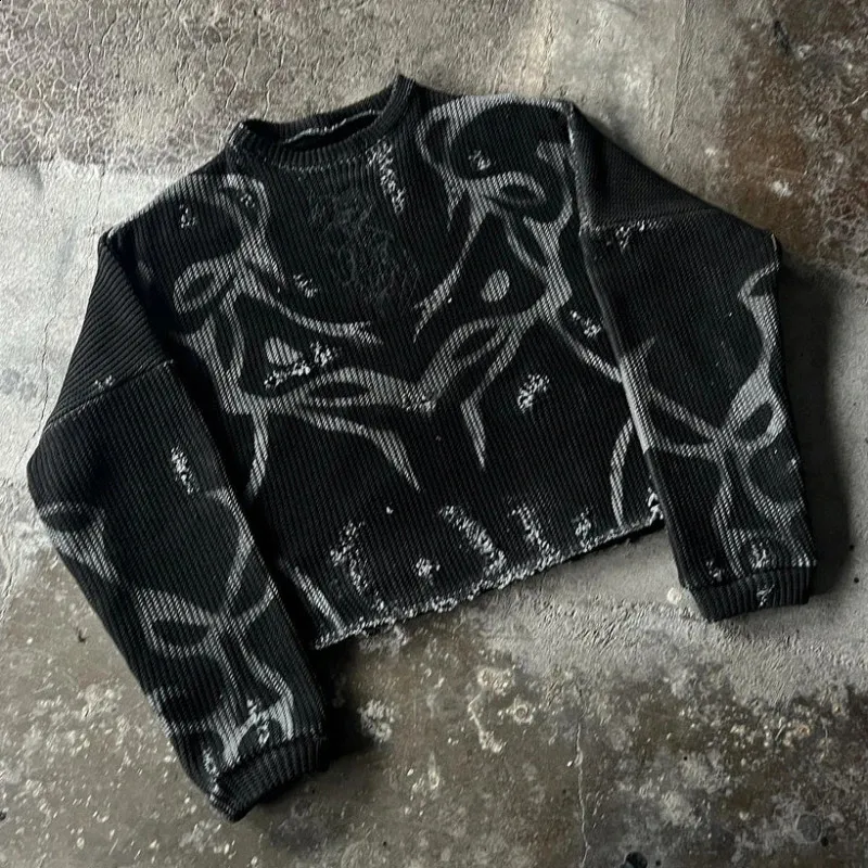 Vintage Gothic Abrased Breakout Sweaters With Abstract Embroidery And Long Sleeves For Men ...