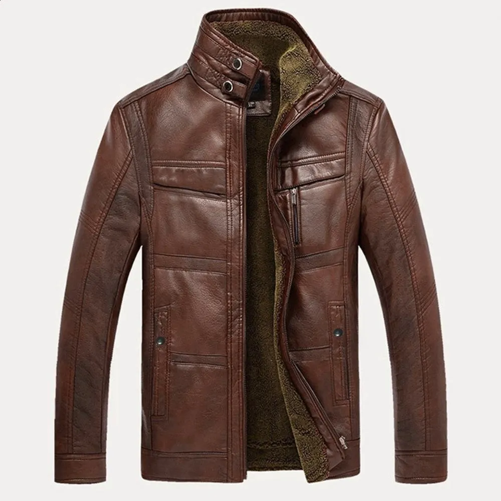 Men's Brown Leather Motorcycle Jacket with Fleece Lining - Stand Collar ...
