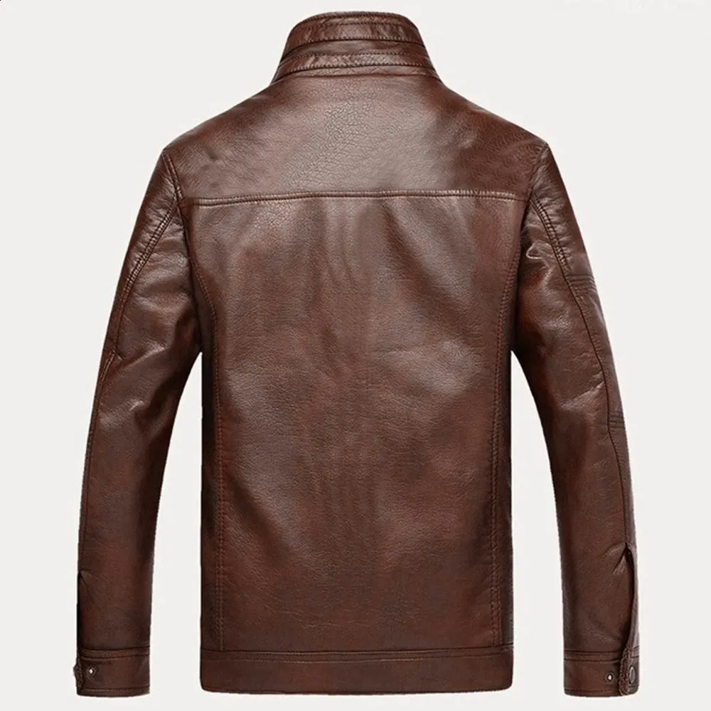 Men's Brown Leather Motorcycle Jacket with Fleece Lining - Stand Collar ...