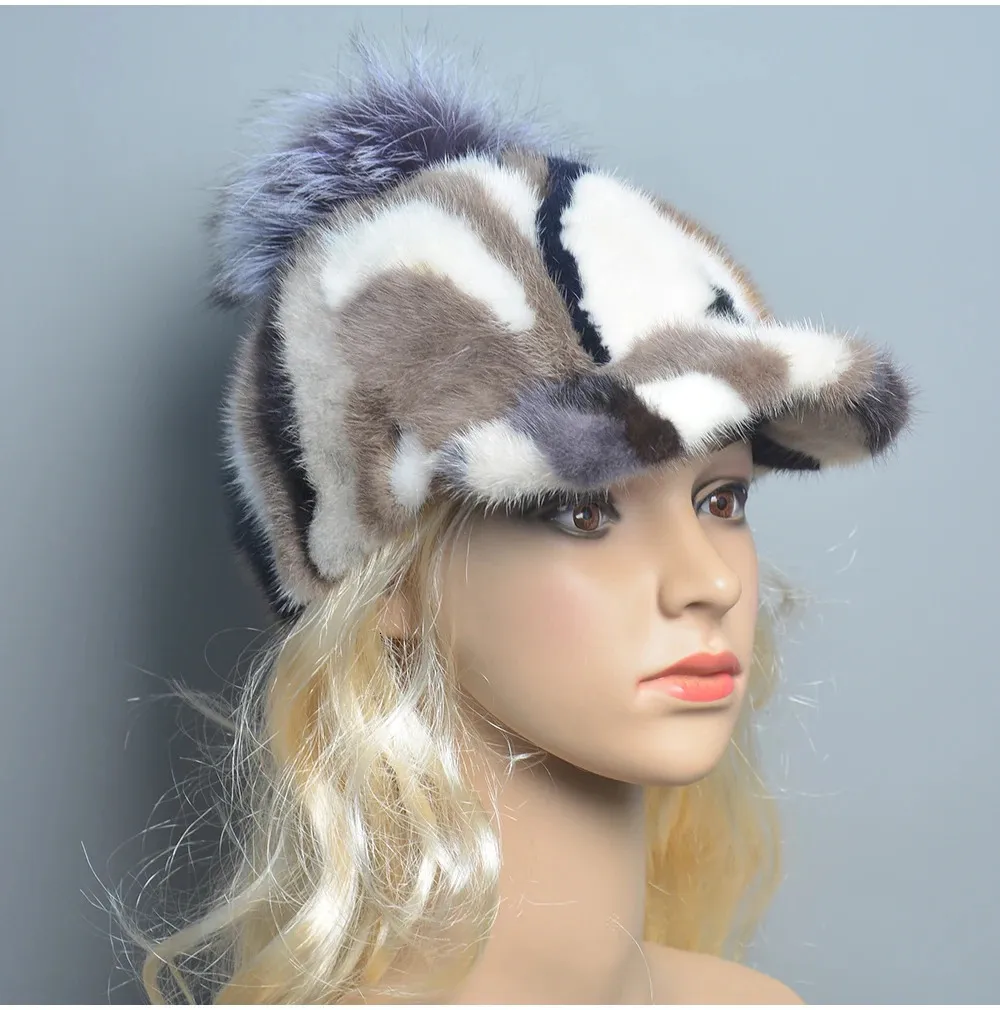 Women's Real Mink Fur Baseball Cap - Warm Winter Hat with Puffy Brim ...