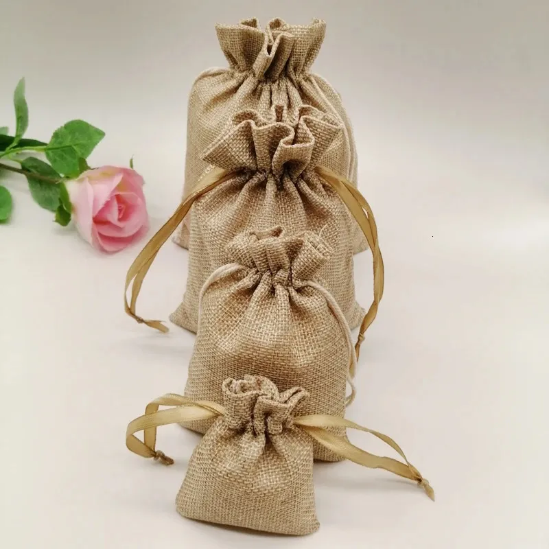 Natural Linen Burlap Bags with Drawstrings - 5-Batch - Rustic Gift ...