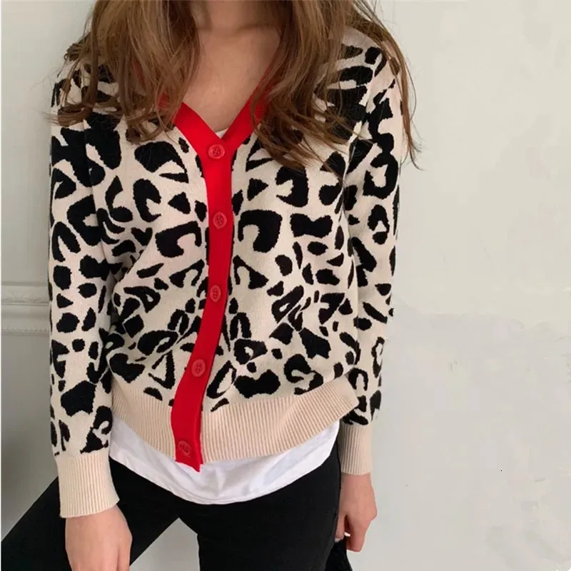 Women's Knitted Leopard Print Cardigan Single-Breasted Acetate Sweater Red for Autumn and Winter ...