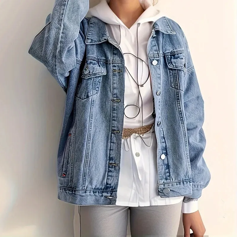 Retro Style Loose Denim Jacket - Women's Casual Jean Shirt Jacket ...