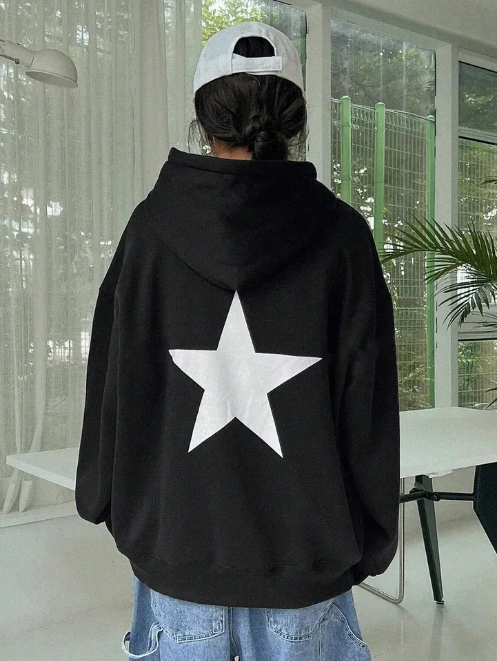 Women's Loose Hooded Wool Sweater with Star Print - Casual Autumn ...