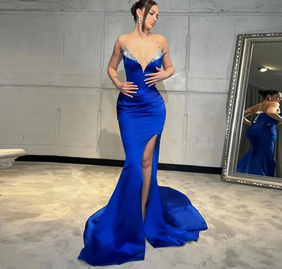 Royal Blue V Neck Mermaid Blue Satin Prom Dress With Beading Sequins ...