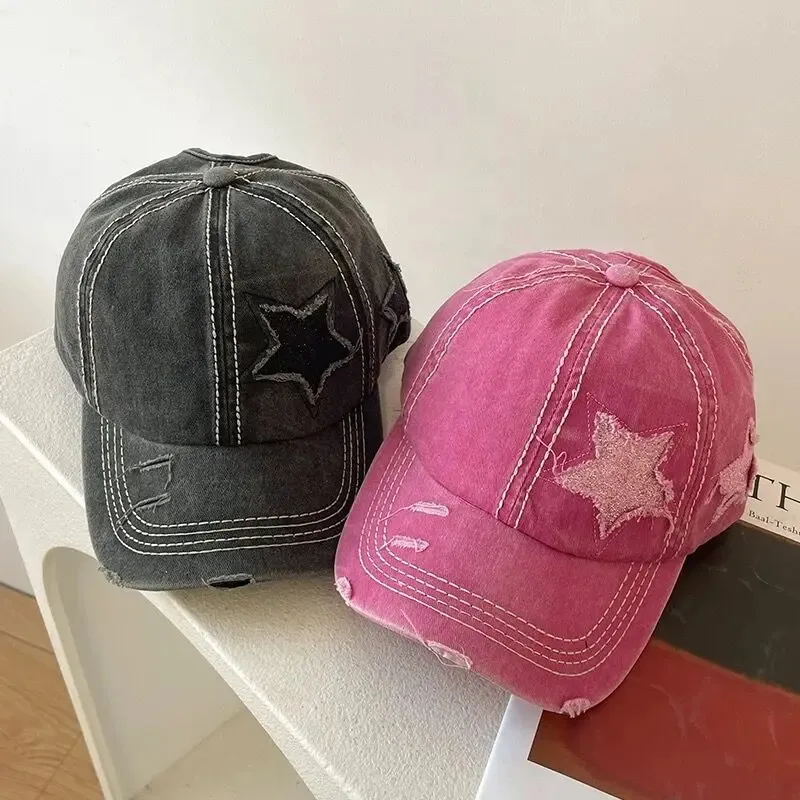 Y2K Star Hats for Women Men, Vintage Embroidery Pentagram Washed Cotton ...